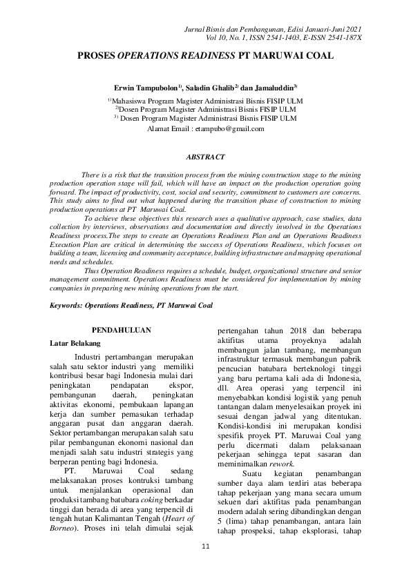 (PDF) Proses Operations Readiness PT Maruwai Coal