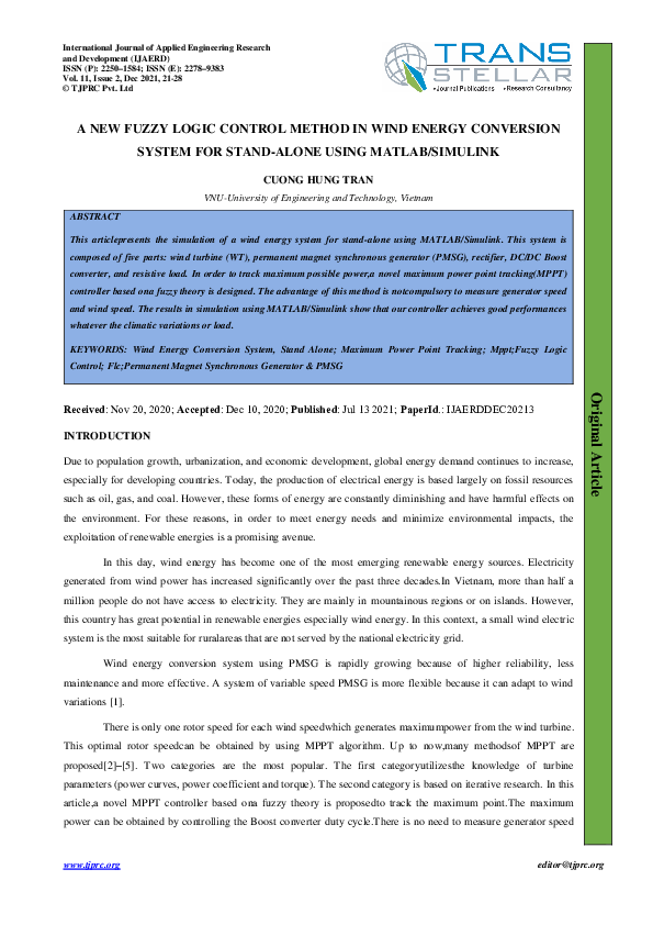 (PDF) A NEW FUZZY LOGIC CONTROL METHOD IN WIND ENERGY CONVERSION SYSTEM FOR STAND-ALONE USING ...