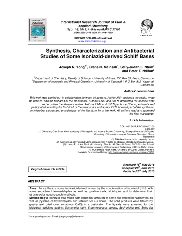 (PDF) Synthesis, Characterization and Antibacterial Studies of Some Isoniazid-derived Schiff Bases