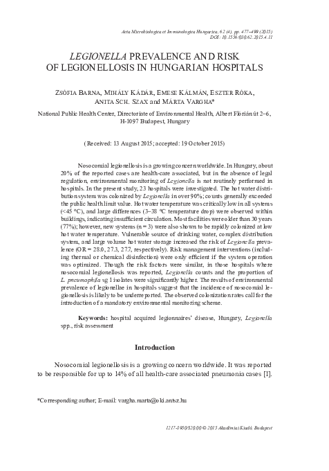 (PDF) Legionella prevalence and risk of legionellosis in Hungarian ...