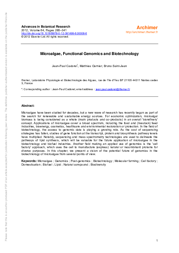 (PDF) Microalgae, Functional Genomics and Biotechnology | Matthieu Garnier - Academia.edu