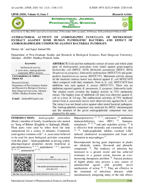 (PDF) Antibacterial Activity of Andrographis Paniculata of Methanolic Extract Against Some Human ...