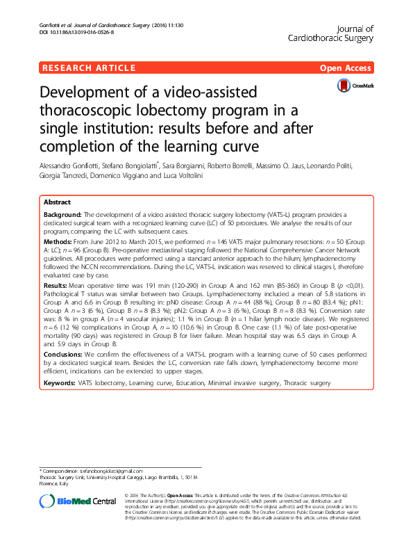 (PDF) Development of a video-assisted thoracoscopic lobectomy program in a single institution ...