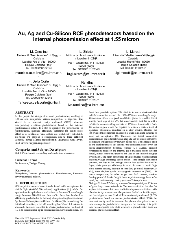 (PDF) Au, Ag and Cu-silicon RCE photodetectors based on the internal ...