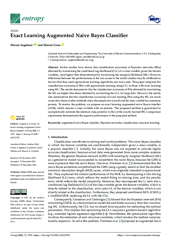 (PDF) Exact learning augmented naive Bayes classifier