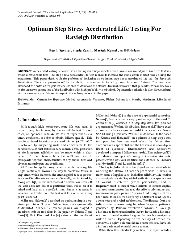 Pdf Optimum Step Stress Accelerated Life Testing For Rayleigh Distribution