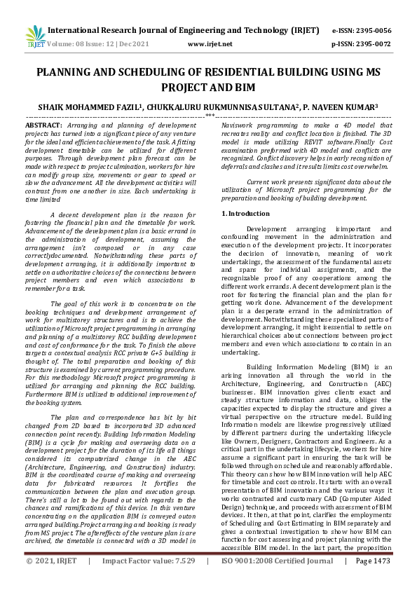 (PDF) IRJET- Planning and Scheduling of Residential Building using MS Project and BIM