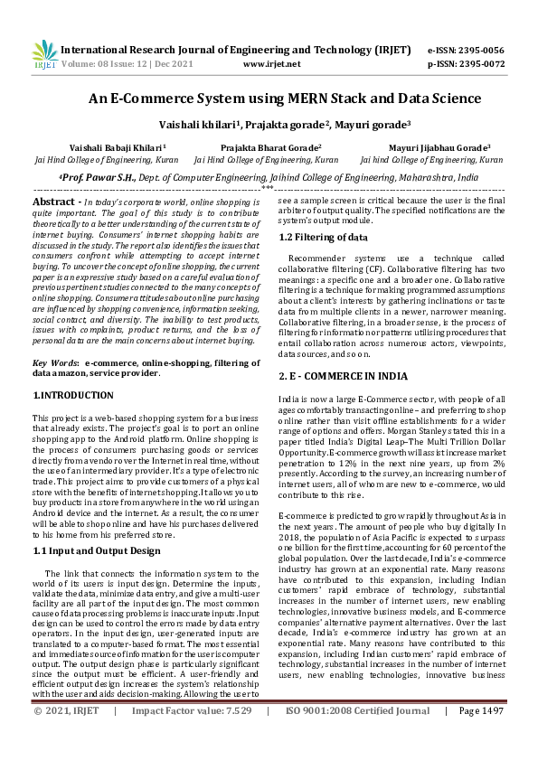 (PDF) IRJET- An E-Commerce System using MERN Stack and Data Science Vaishali khilari 1 ...