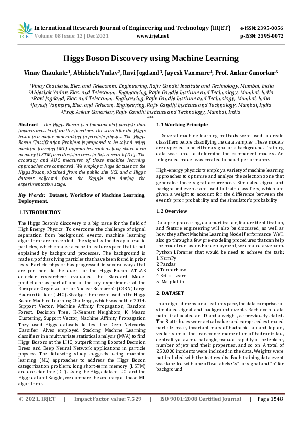 (PDF) IRJET- Higgs Boson Discovery using Machine Learning
