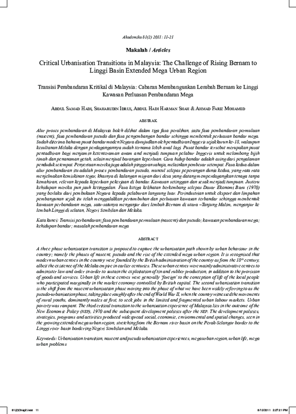 (PDF) Critical urbanisation transitions in Malaysia: the challenge of ...
