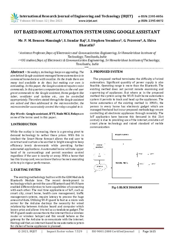 (PDF) IRJET- IOT BASED HOME AUTOMATION SYSTEM USING GOOGLE ASSISTANT