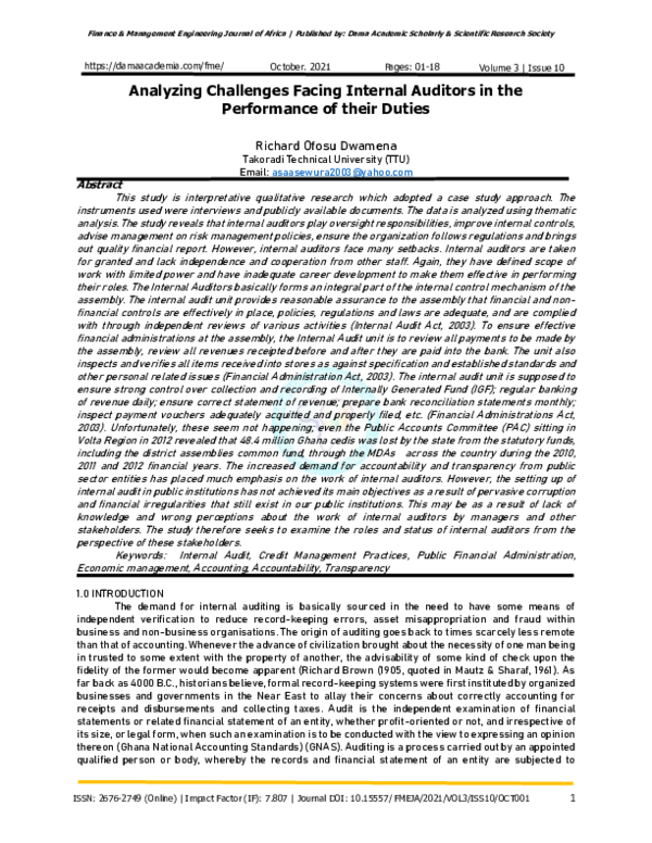 (PDF) Analyzing Challenges Facing Internal Auditors in the Performance ...