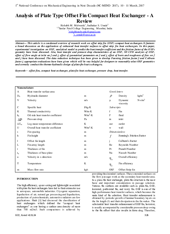 (PDF) Analysis of Plate Type Offset Fin Compact Heat Exchanger -A Review