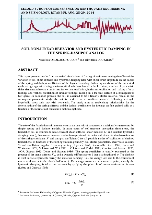 (PDF) Soil Non-Linear Behavior and Hysteretic Damping in the Spring-Dashpot Analog