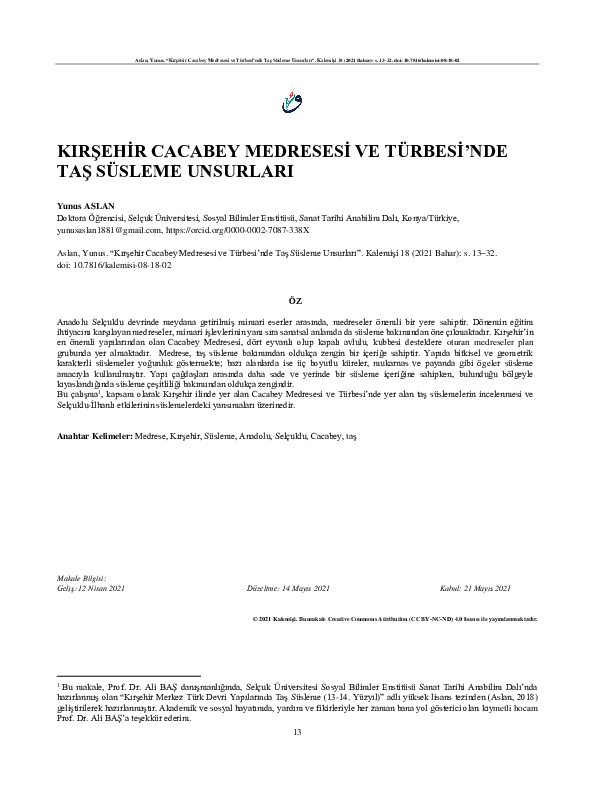 (PDF) Kırşehir Cacabey Medresesi ve Türbesi’nde Taş Süsleme Unsurları ...
