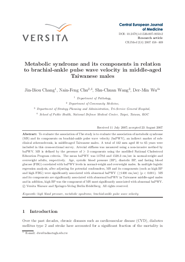 Pdf Metabolic Syndrome And Its Components In Relation To Brachial