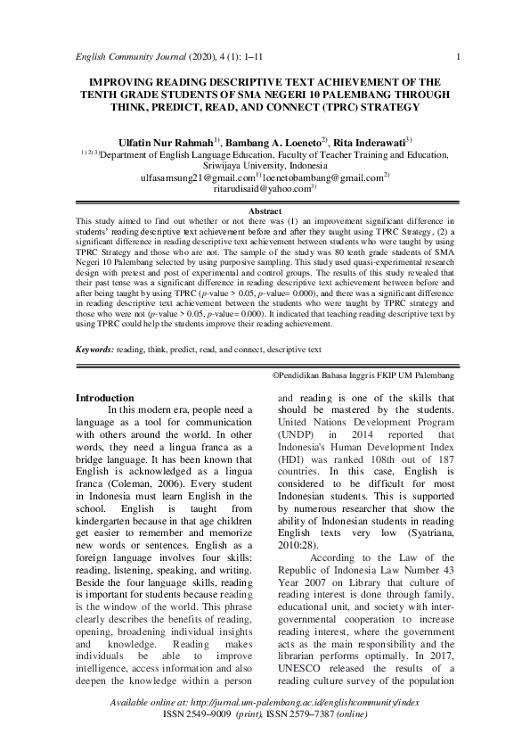 (PDF) Improving Reading Descriptive Text Achievement of the Tenth Grade Students of Sma Negeri ...