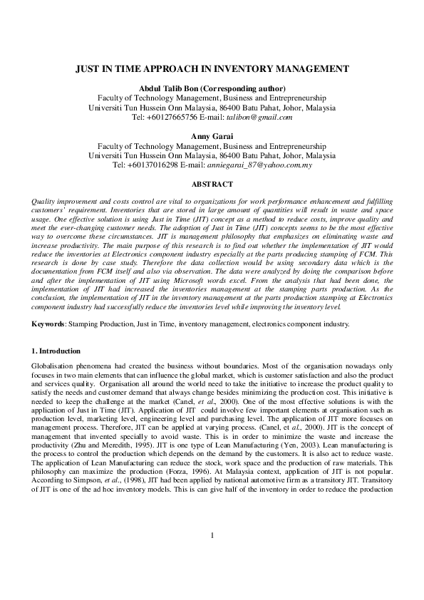 (PDF) Just in time approach in inventory management