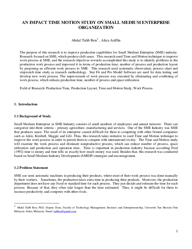(PDF) AN IMPACT TIME MOTION STUDY ON SMALL MEDIUM ENTERPRISE ORGANIZATION