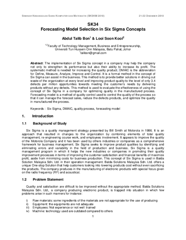 Pdf Forecasting Model Selection In Six Sigma Concepts