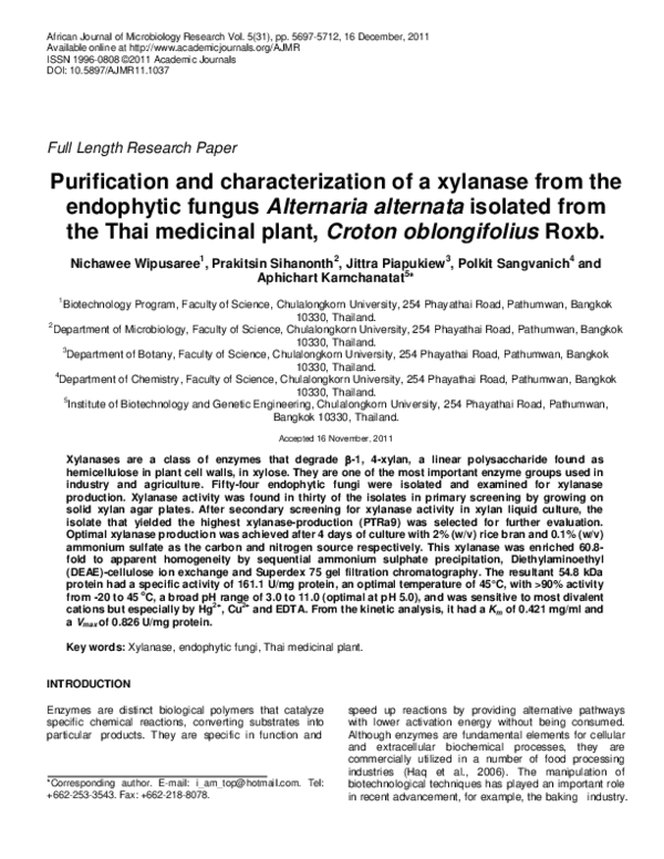 (PDF) Purification and characterization of a xylanase from the endophytic fungus Alternaria ...
