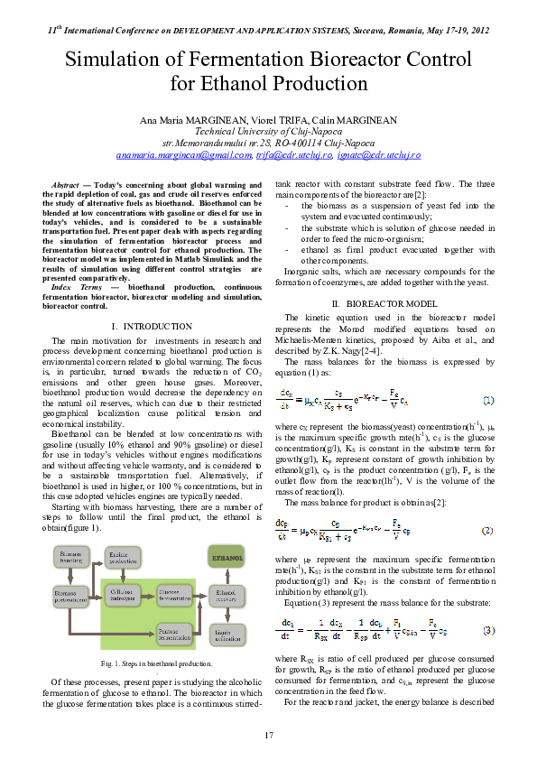 Pdf Simulation Of Fermentation Bioreactor Control For Ethanol Production Calin Marginean