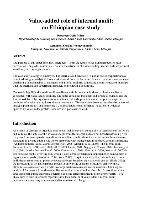(PDF) Value-added role of internal audit: an Ethiopian case study