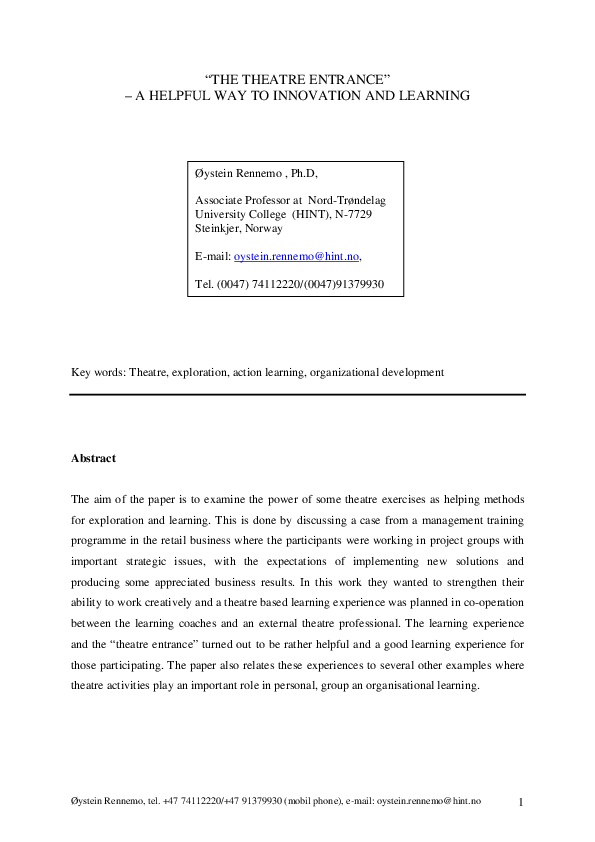(PDF) The Theatre Entrance" - A Helpful Way to Innovation and Learning