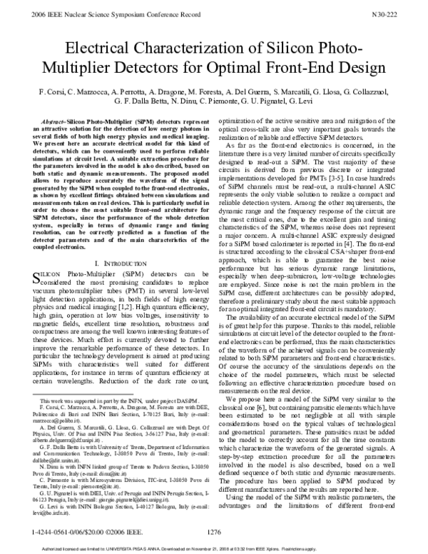 (PDF) Electrical characterization of silicon photo-multiplier detectors for optimal front-end design