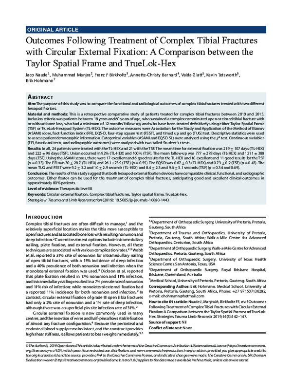 (PDF) Outcomes Following Treatment of Complex Tibial Fractures with Circular External Fixation ...