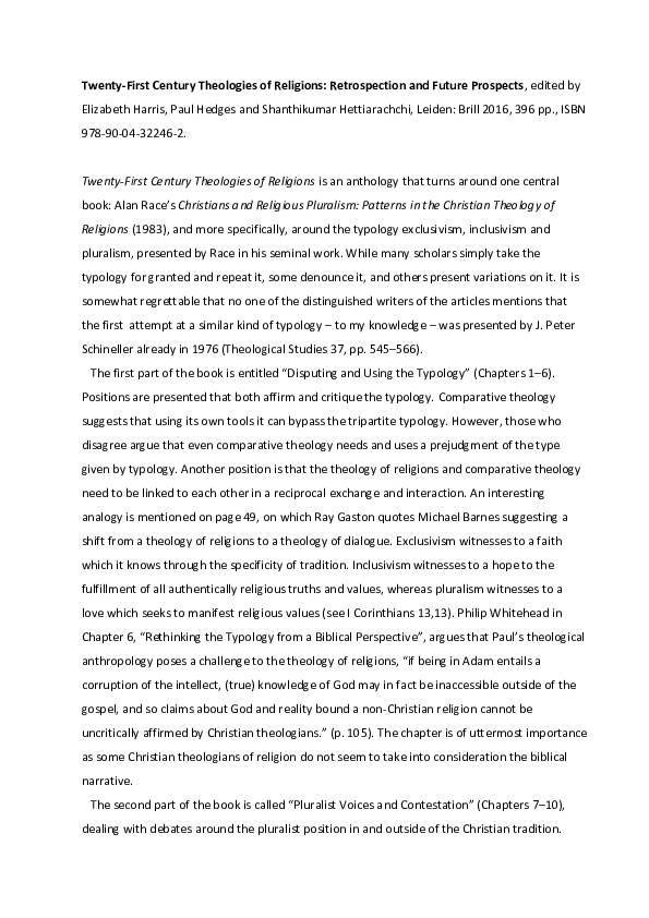 (PDF) Twenty-First Century Theologies of Religions | Shanthi ...