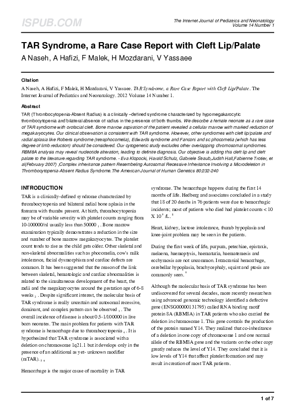 (PDF) TAR Syndrome, a Rare Case Report with Cleft Lip/Palate