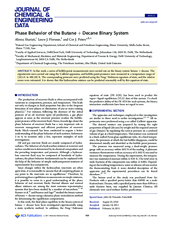 (PDF) Phase Behavior of the Butane + Decane Binary System