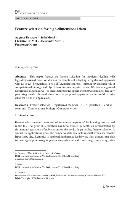 (PDF) Feature Selection for High Dimensional Data