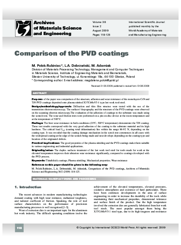 (PDF) Comparison of the PVD coatings
