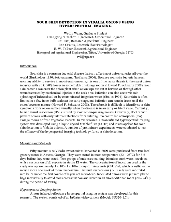 (PDF) Sour skin detection on Vidalia onions using hyperspectral imaging