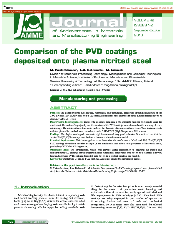 (PDF) Comparison of the PVD coatings deposited onto plasma nitrited steel