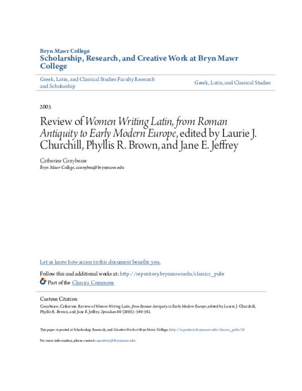 (PDF) Women writing Latin : from Roman antiquity to early modern Europe