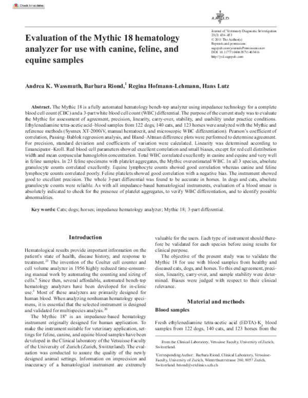 (PDF) Evaluation of the Mythic 18 hematology analyzer for use with ...