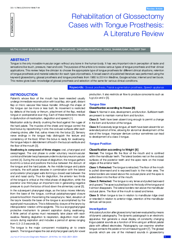 (PDF) Rehabilitation of Glossectomy Cases with Tongue Prosthesis: A ...