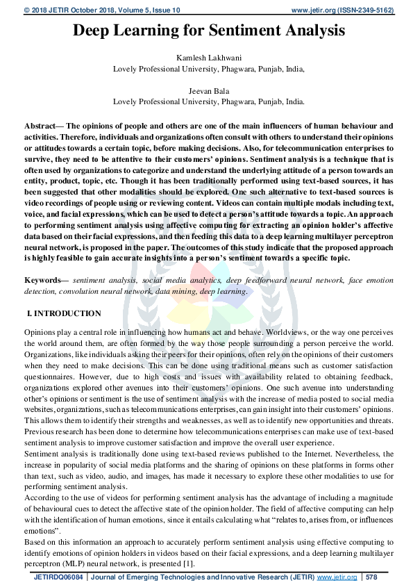 (PDF) Deep Learning for Sentiment Analysis