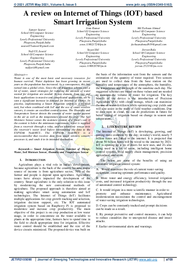 (PDF) A review on Internet of Things (IOT) based Smart Irrigation System