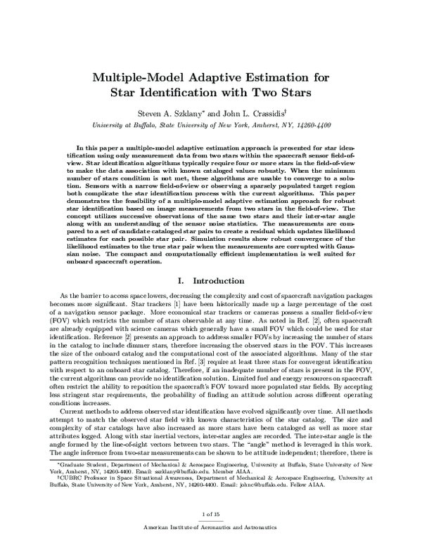 Pdf Multiple Model Adaptive Estimation For Star Identification With Two Stars