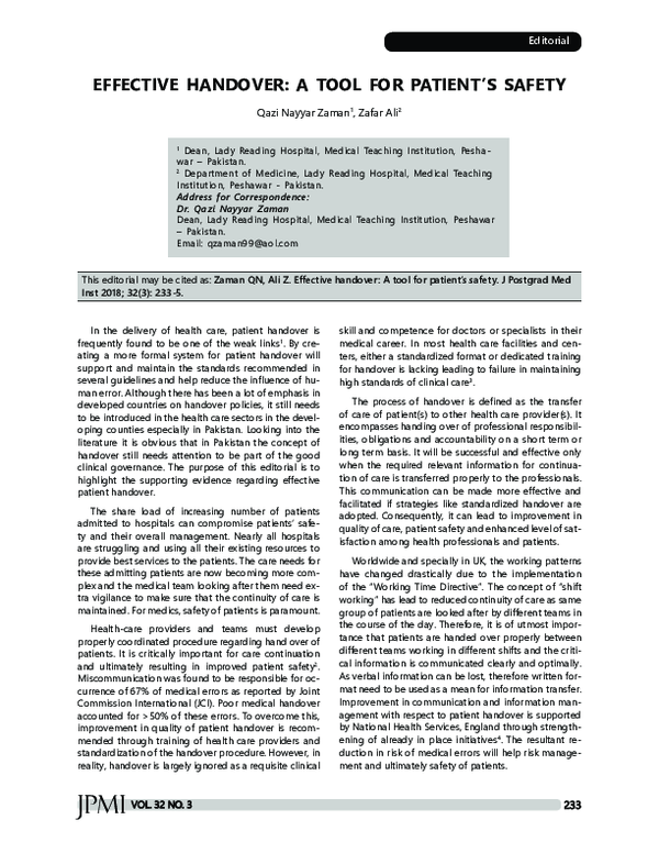 (PDF) Effective Handover: A Tool for Patient’s Safety