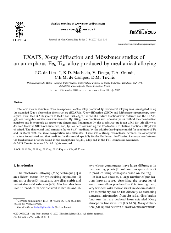 (PDF) EXAFS, X-ray diffraction and Mössbauer studies of an amorphous ...