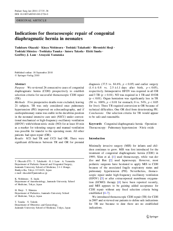 (PDF) Indications for thoracoscopic repair of congenital diaphragmatic ...