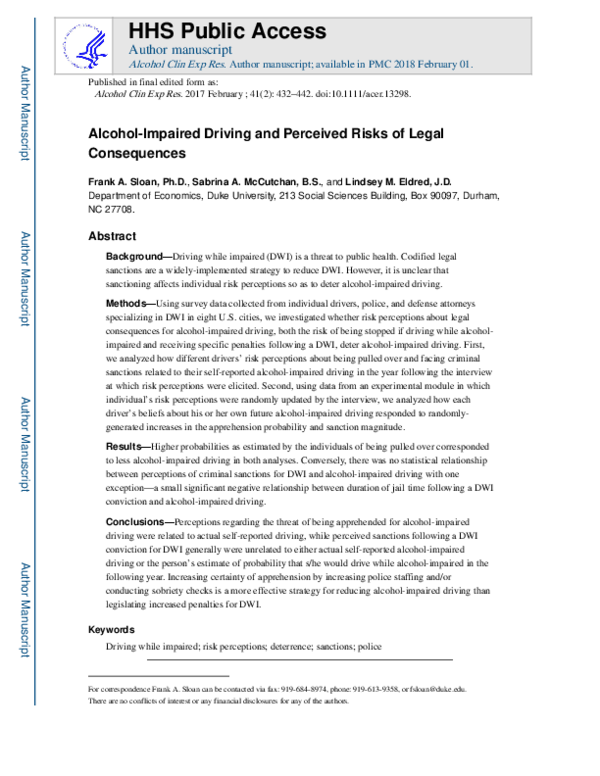 (PDF) Alcohol-Impaired Driving and Perceived Risks of Legal Consequences