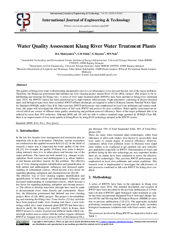 (PDF) Water Quality Assessment Klang River Water Treatment Plants ...