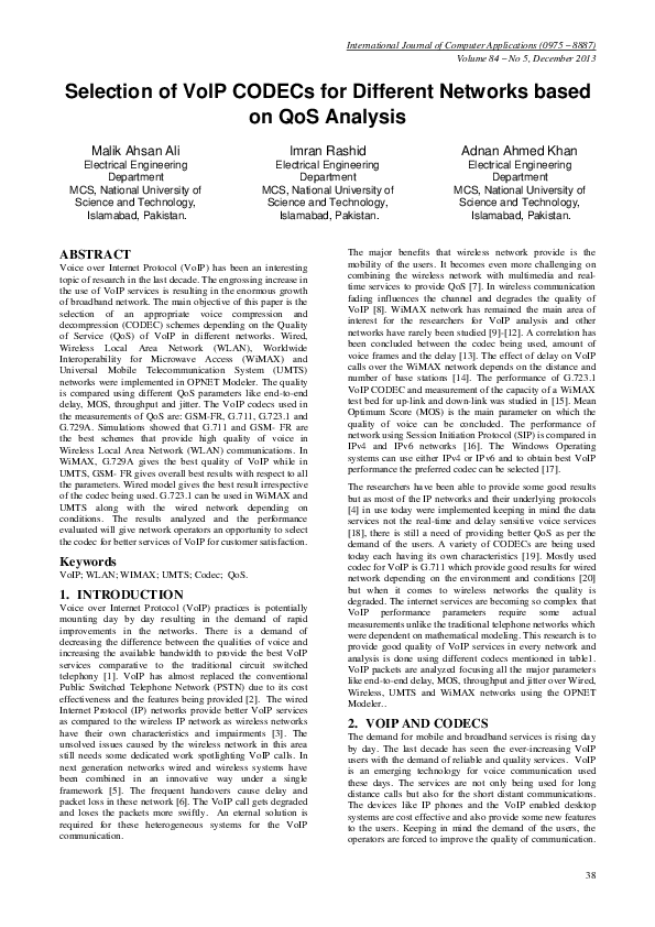 (PDF) Selection of VoIP CODECs for Different Networks based on QoS Analysis