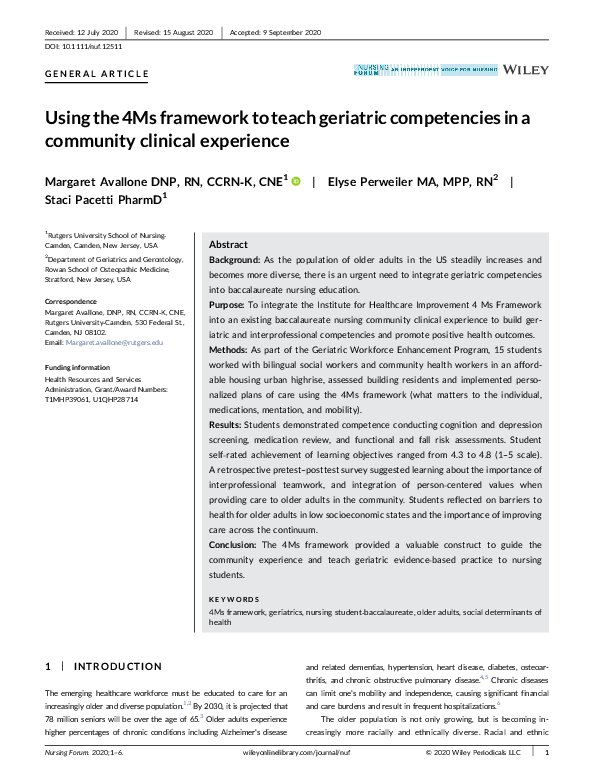 (PDF) Using the 4Ms framework to teach geriatric competencies in a ...